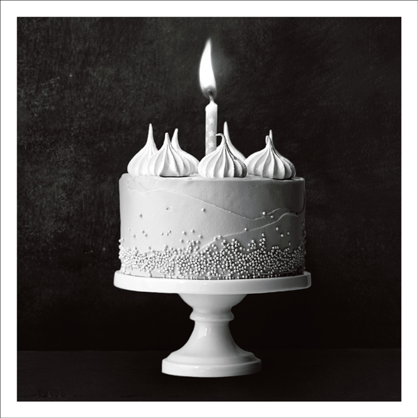BW44 - Birthday cake on display stand with lit candle - Photographic C ...